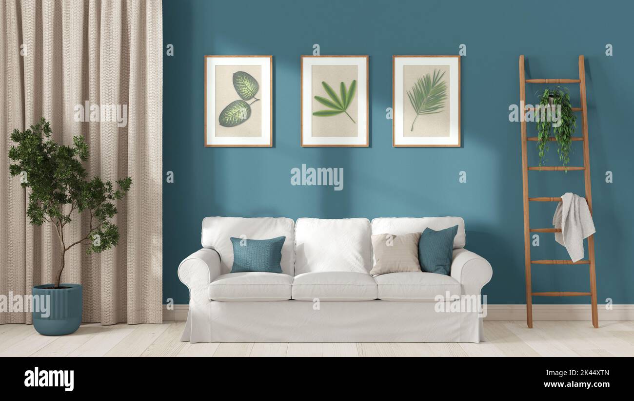 Scandinavian living room in white and blue tones. Fabric sofa with ...