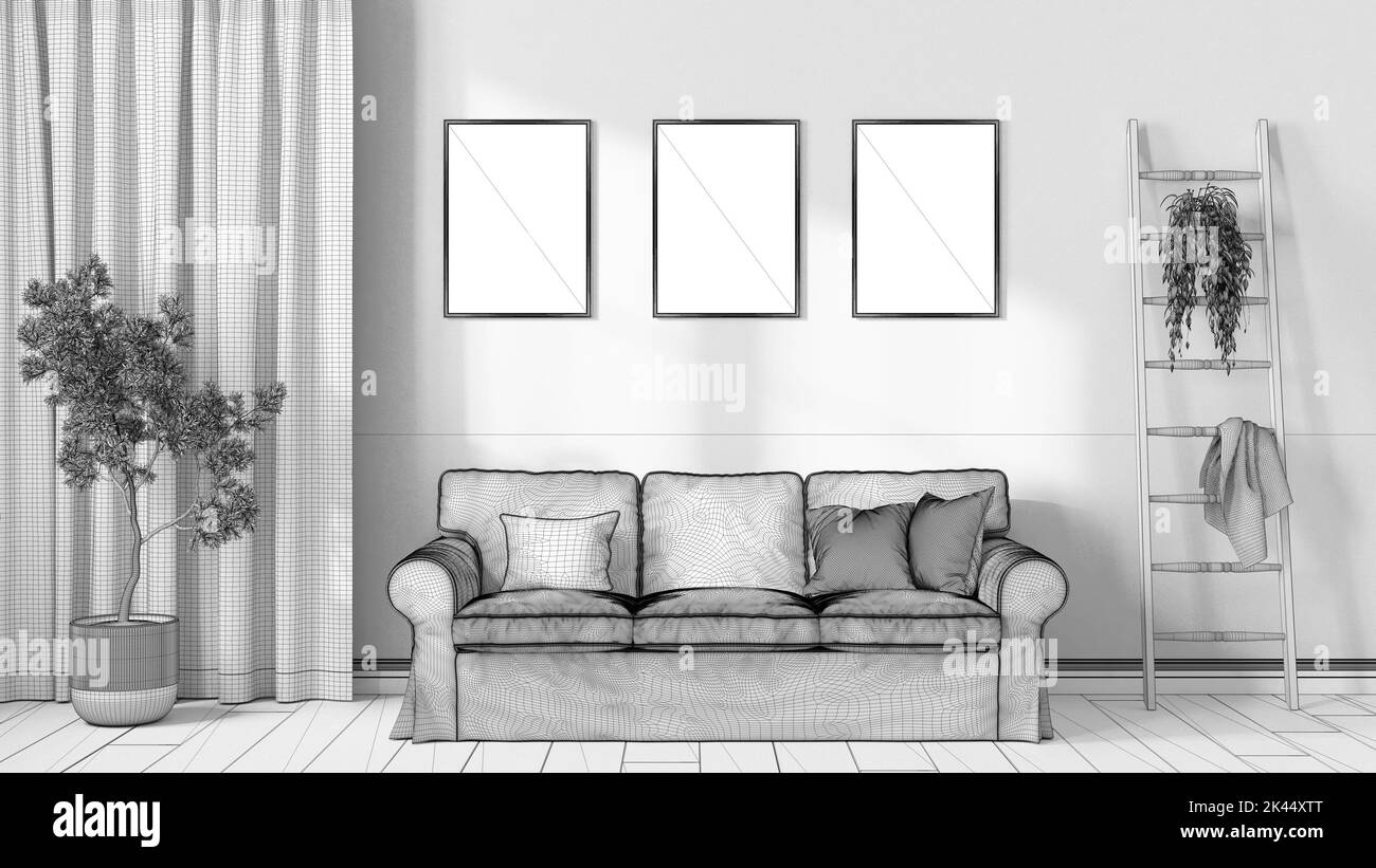 Blueprint unfinished project draft, scandinavian living room. Sofa with ...