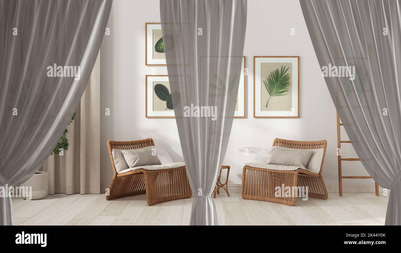 White openings curtains overlay rattan living room, interior design ...