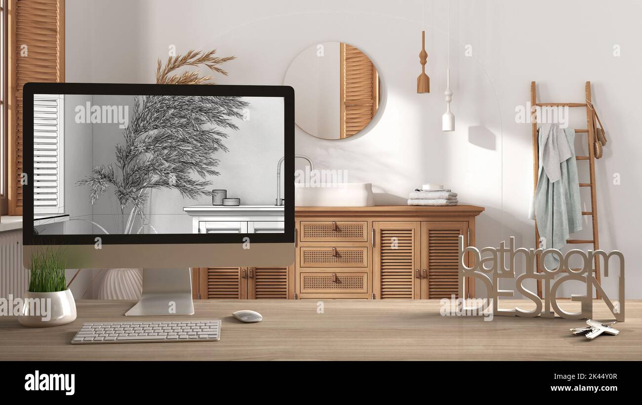 Architect designer project concept, wooden table with keys, 3D letters ...