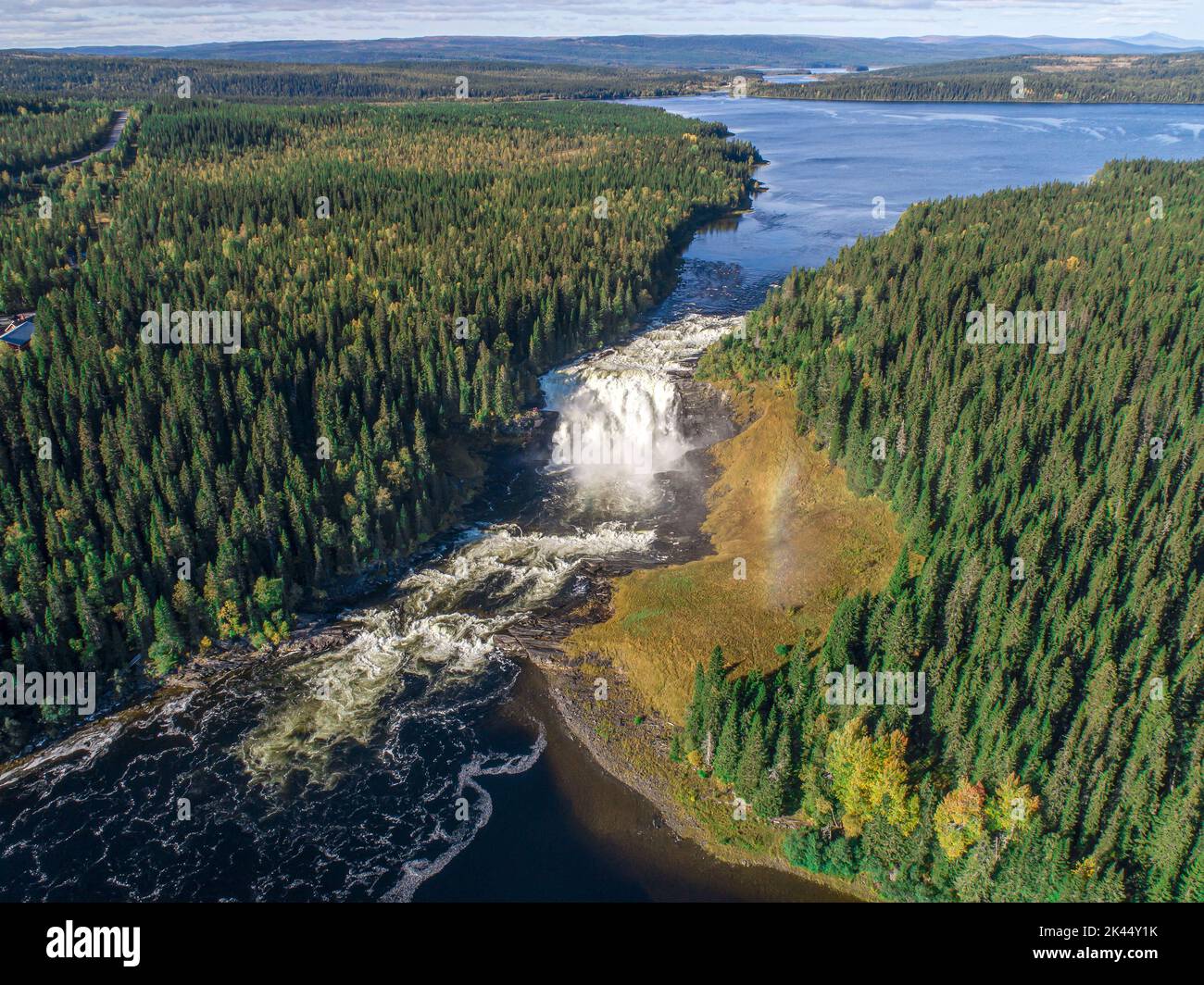 Aerial view of the famous waterfall Tannforsen in northern Sweden, with ...
