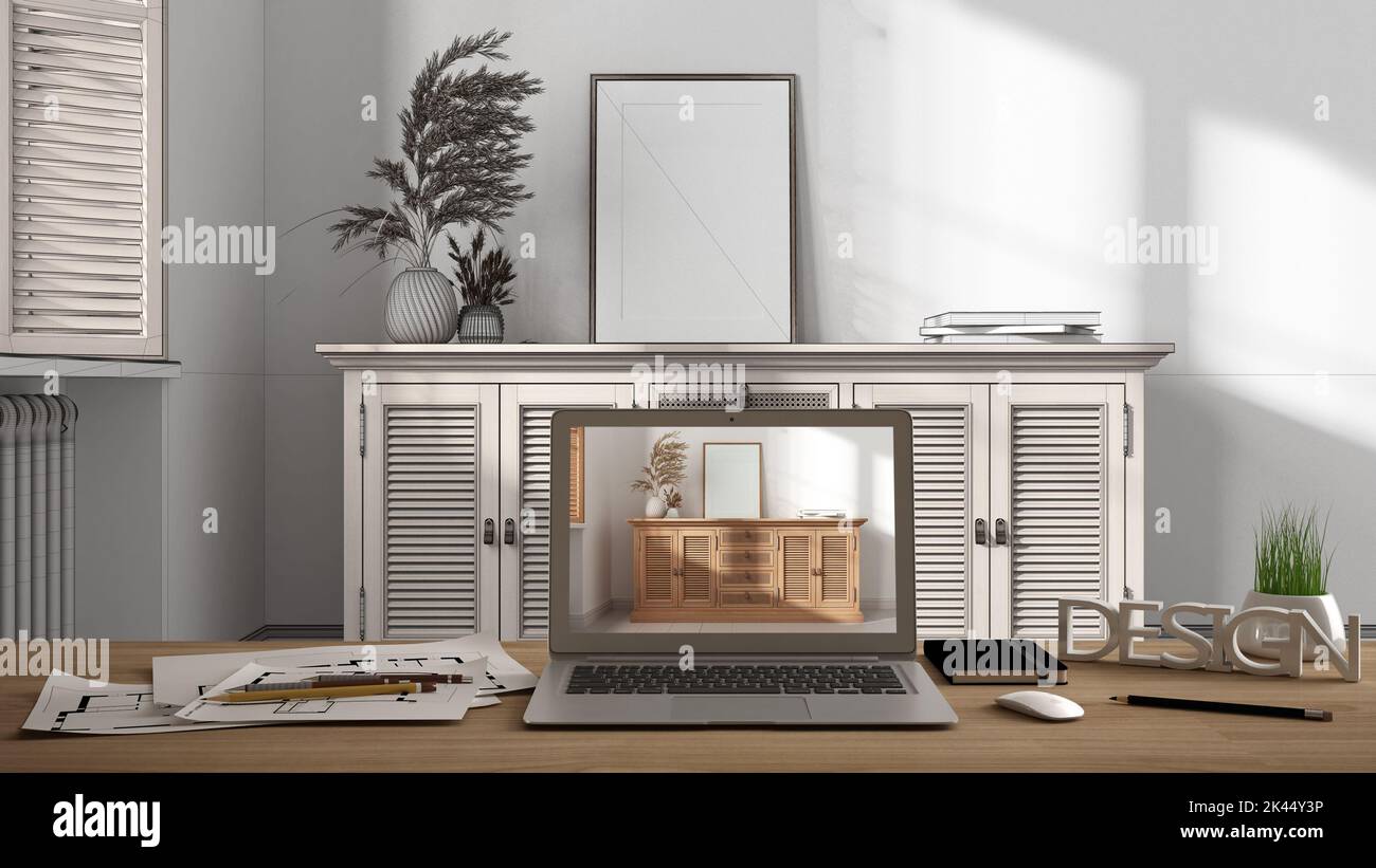 Architect designer desktop concept, laptop on wooden work desk with ...