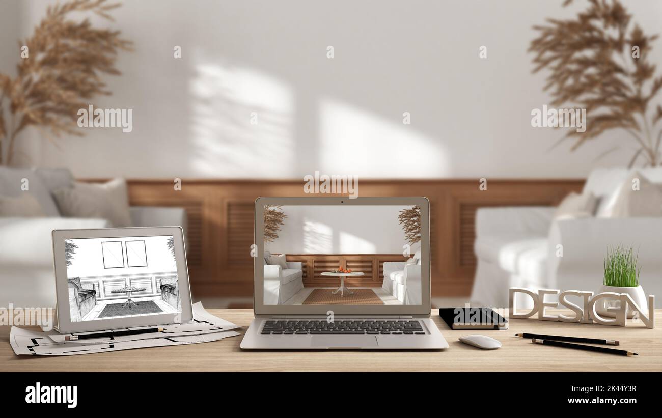 Architect designer desktop concept, laptop and tablet on wooden desk ...