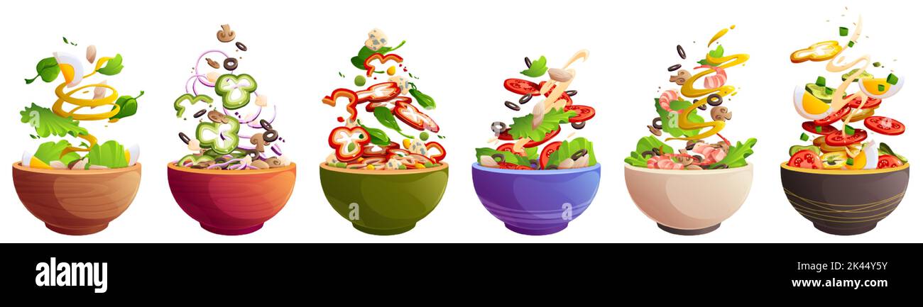 Bowls with salad, healthy food with vegetables. Vector cartoon set of ...