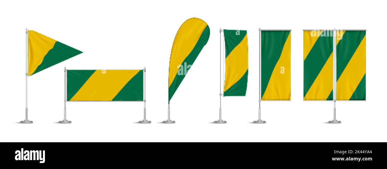 Green and yellow vinyl flags and set banners on pole. Vector realistic ...