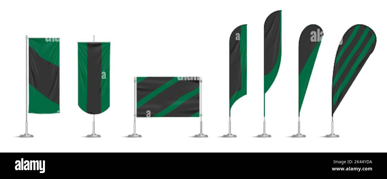 Green and black vinyl flags and set banners on pole. Vector realistic ...