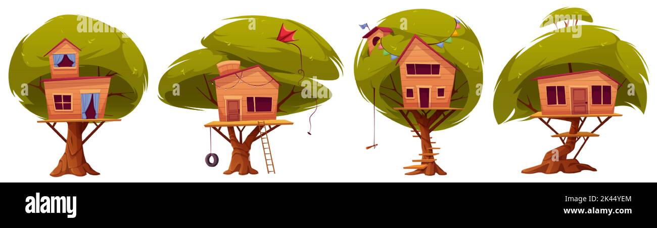 Tree house, cartoon wooden treehouse or hut for children fun games ...