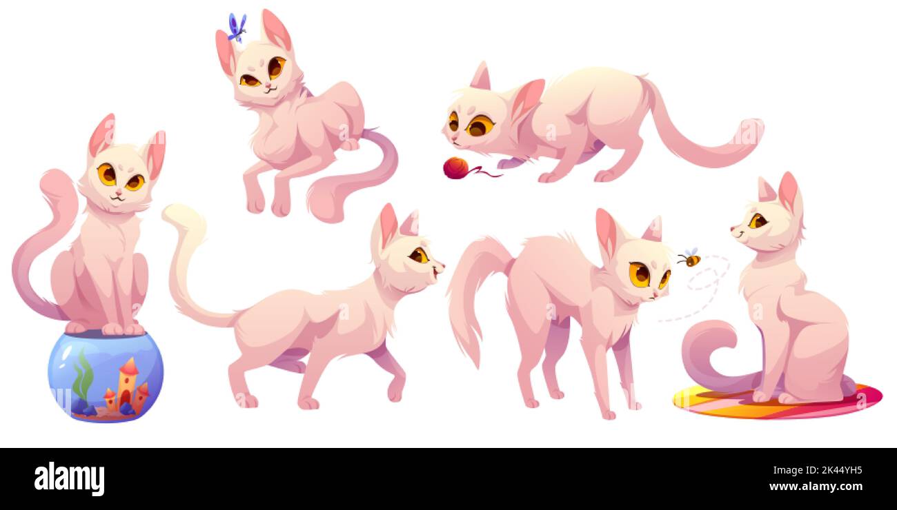 Set of funny white cats cartoon characters, adorable home pets. Cute ...