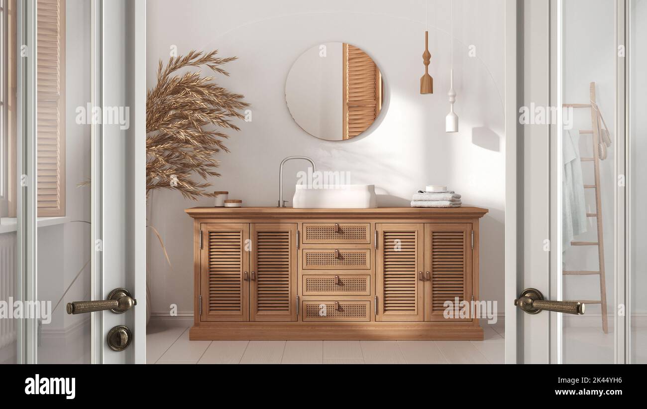 Classic white glass door opening on classic vintage bathroom with ...