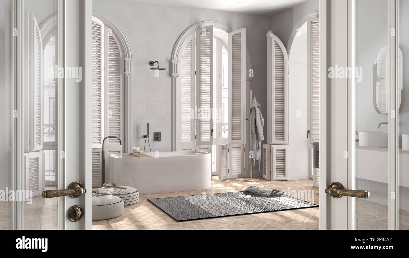 Classic white glass door opening on modern bathroom in neoclassic ...