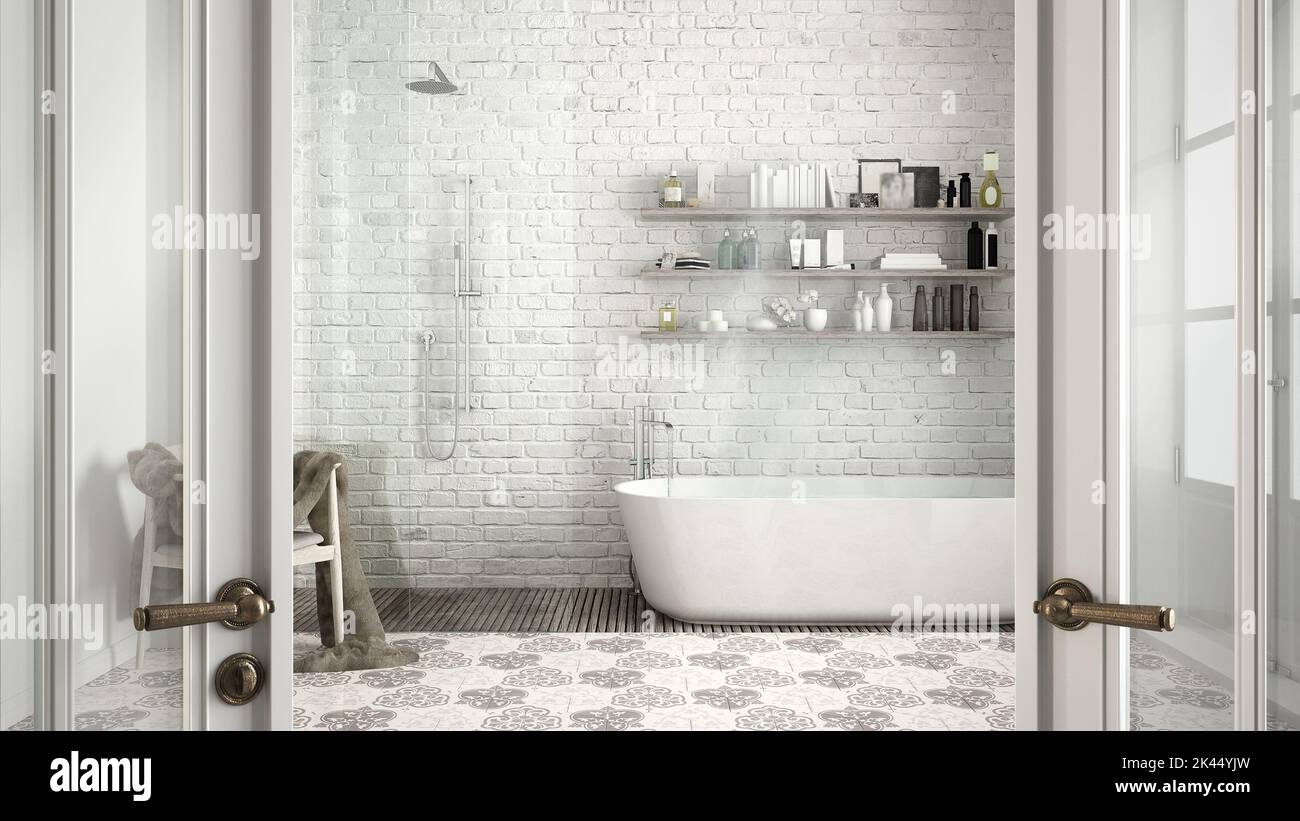 Classic white glass door opening on vintage bathroom with shower and ...