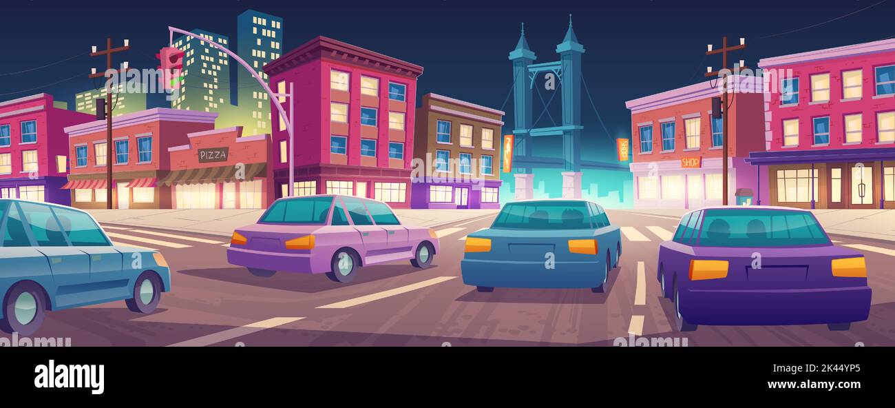 Cars driving night city street, cartoon illustration. Vector design of ...