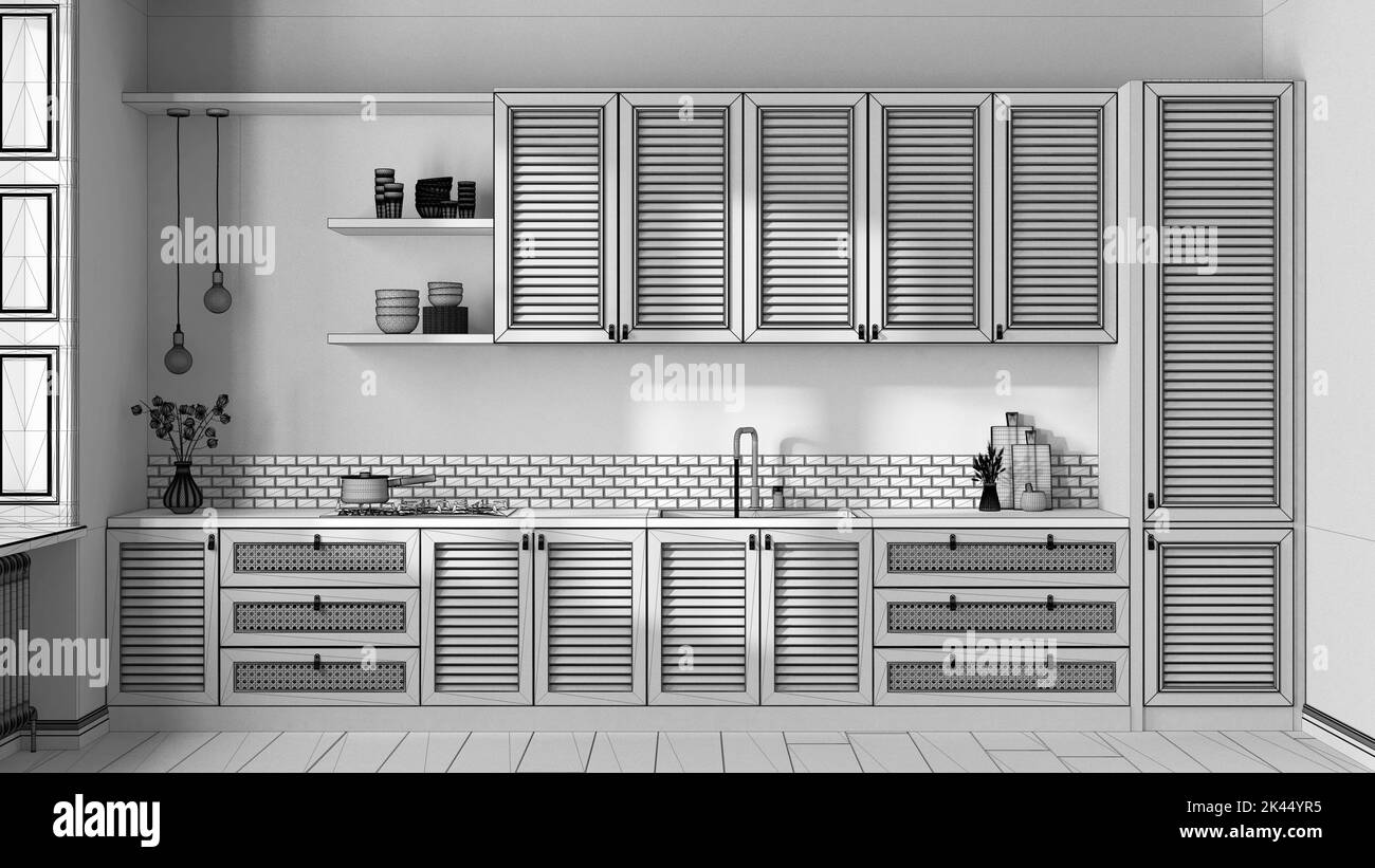 Blueprint unfinished project draft, provencal wooden kitchen. Cabinets ...