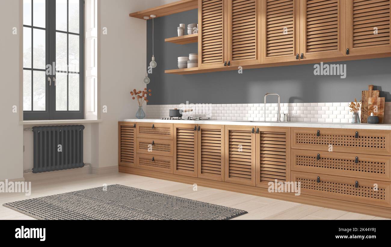 Colonial wooden kitchen in white and gray tones. Cabinets with shutters ...