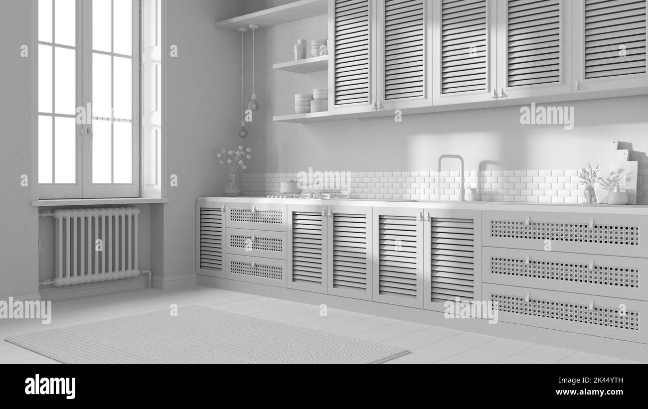Total white project draft, colonial wooden kitchen. Cabinets with ...