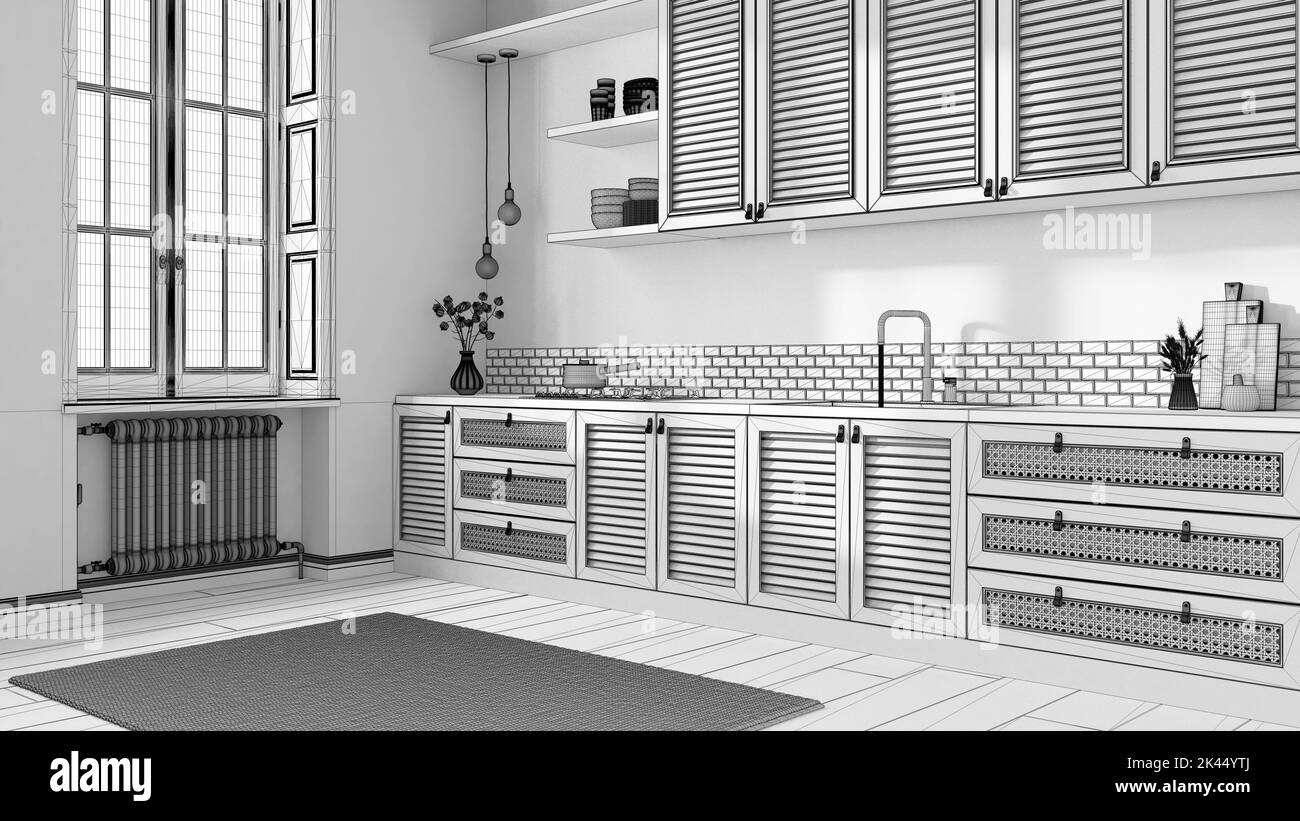 Blueprint unfinished project draft, colonial wooden kitchen in white ...