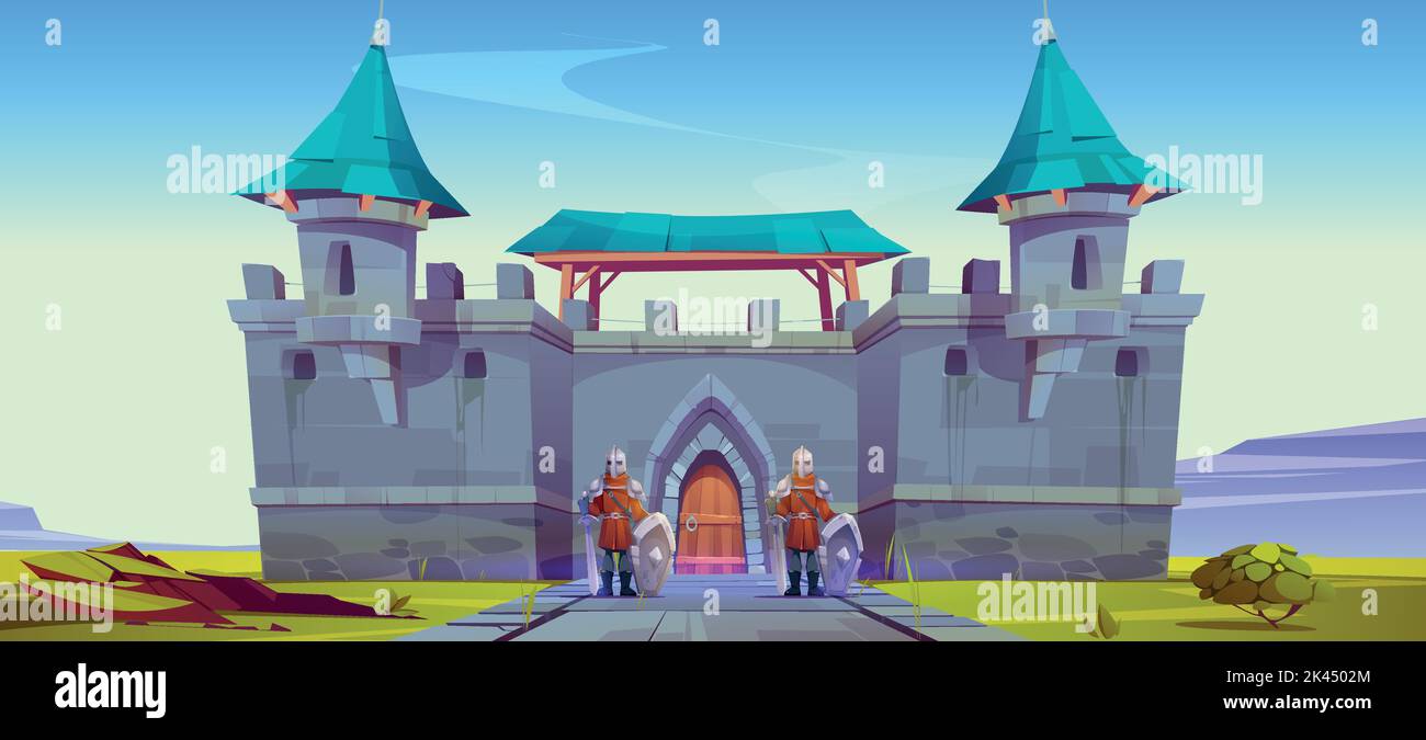 Medieval guard stand at castle gates, fairytale knights defend ancient ...