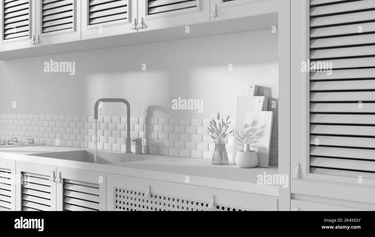 Total white project draft, provencal wooden kitchen, close up. Cabinets ...