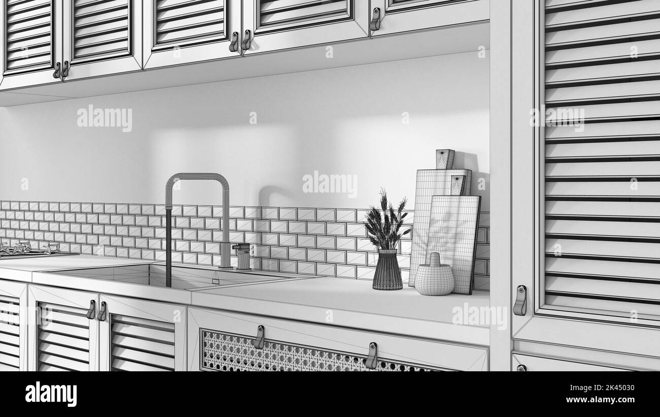 Blueprint unfinished project draft, provencal wooden kitchen, close up ...