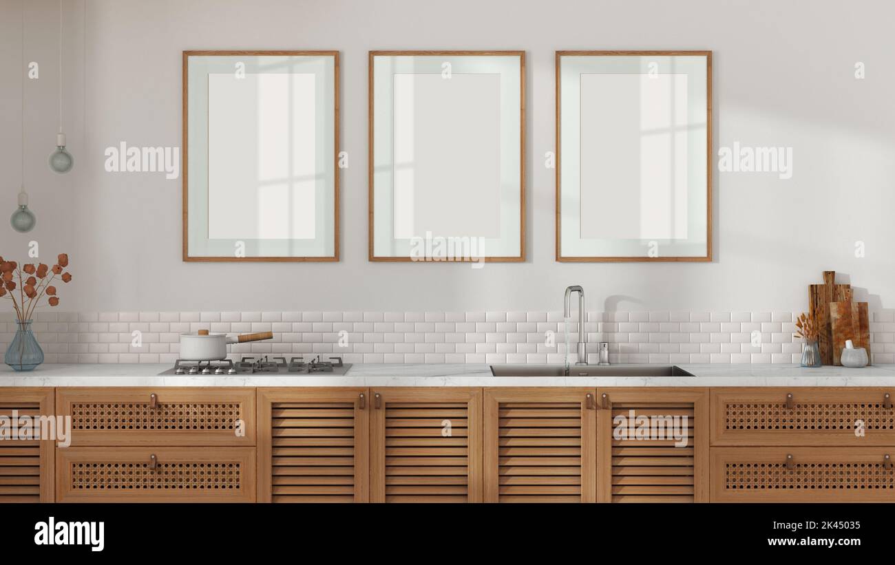 Colonial wooden kitchen in white tones, close up, front view. Tiles ...