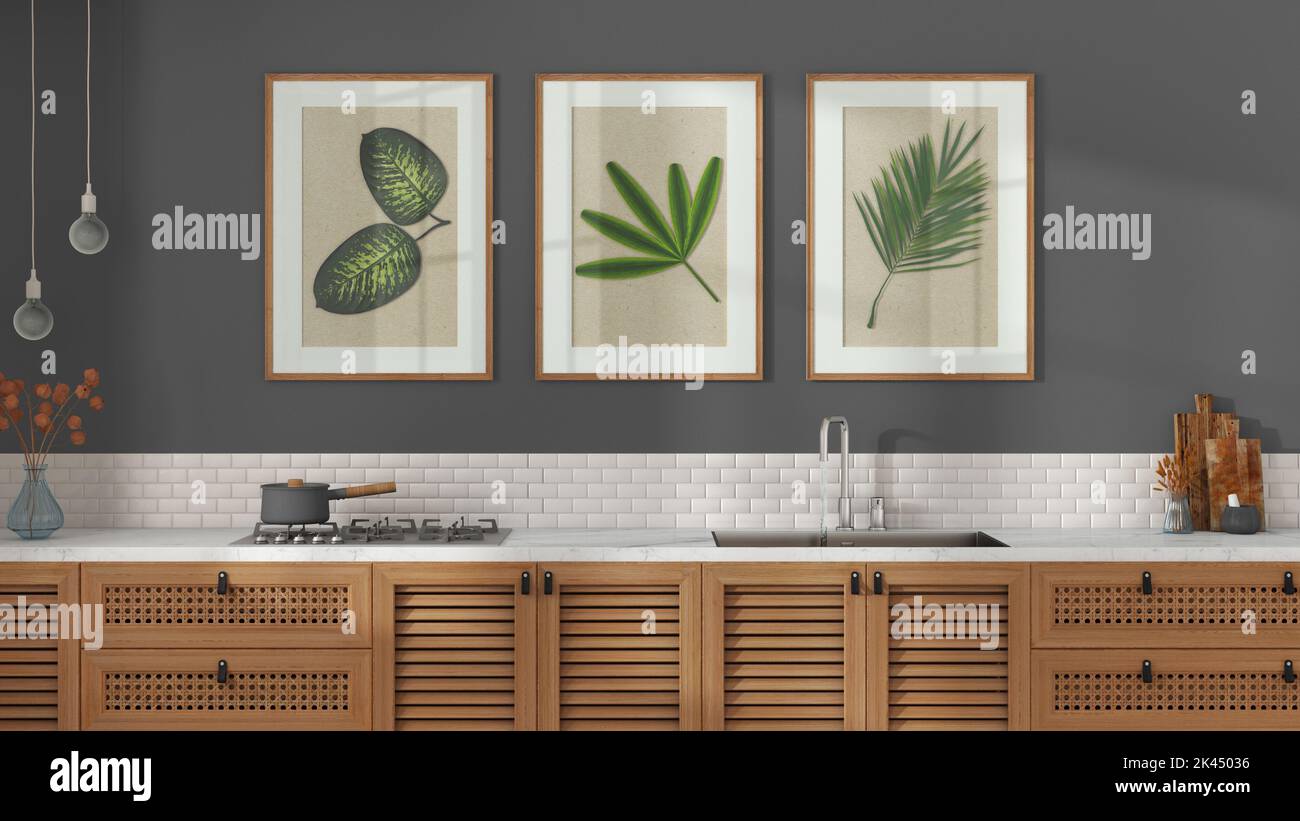 Colonial wooden kitchen in white and gray tones, close up, front view ...