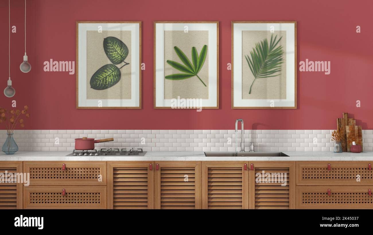 Colonial wooden kitchen in white and red tones, close up, front view ...