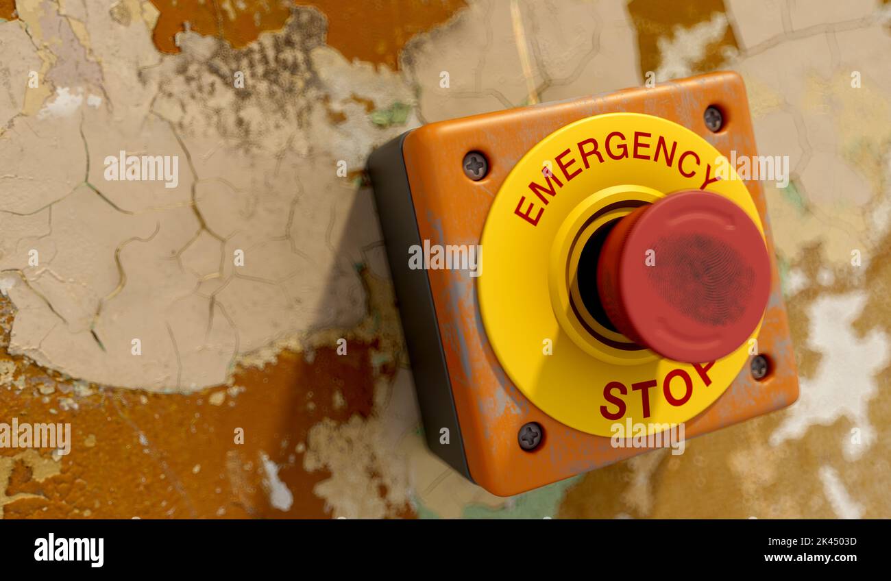 Vintage Emergency stop button in an old industry building on a ...