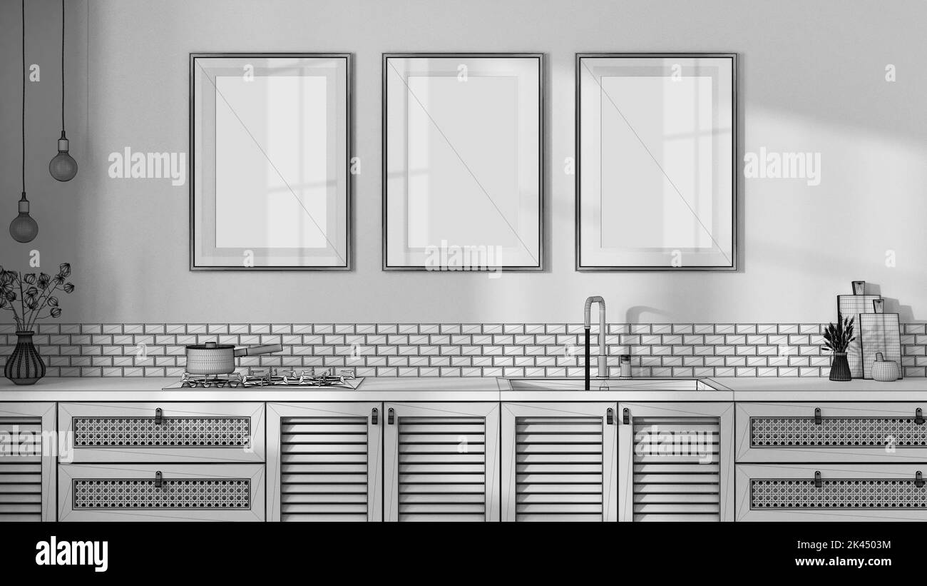 Blueprint unfinished project draft, colonial wooden kitchen, close up ...