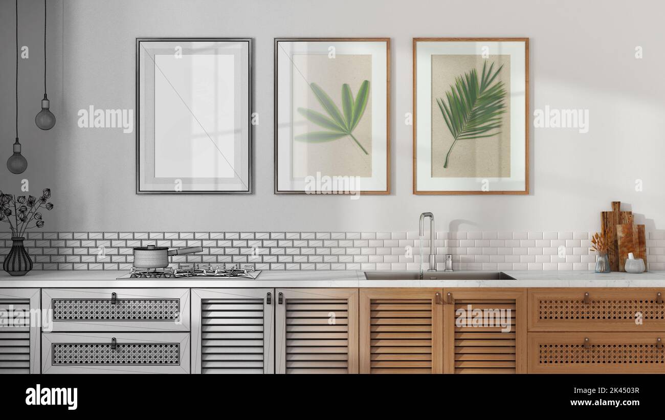 Architect interior designer concept: hand-drawn draft unfinished ...