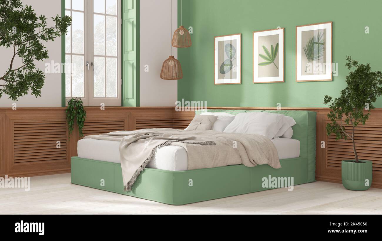 Modern bedroom in white and green tones. Double soft bed, wooden wall ...