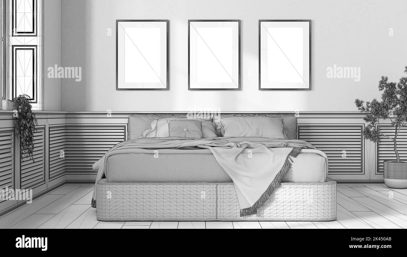 Blueprint unfinished project draft, modern bedroom. Bed, wooden wall ...