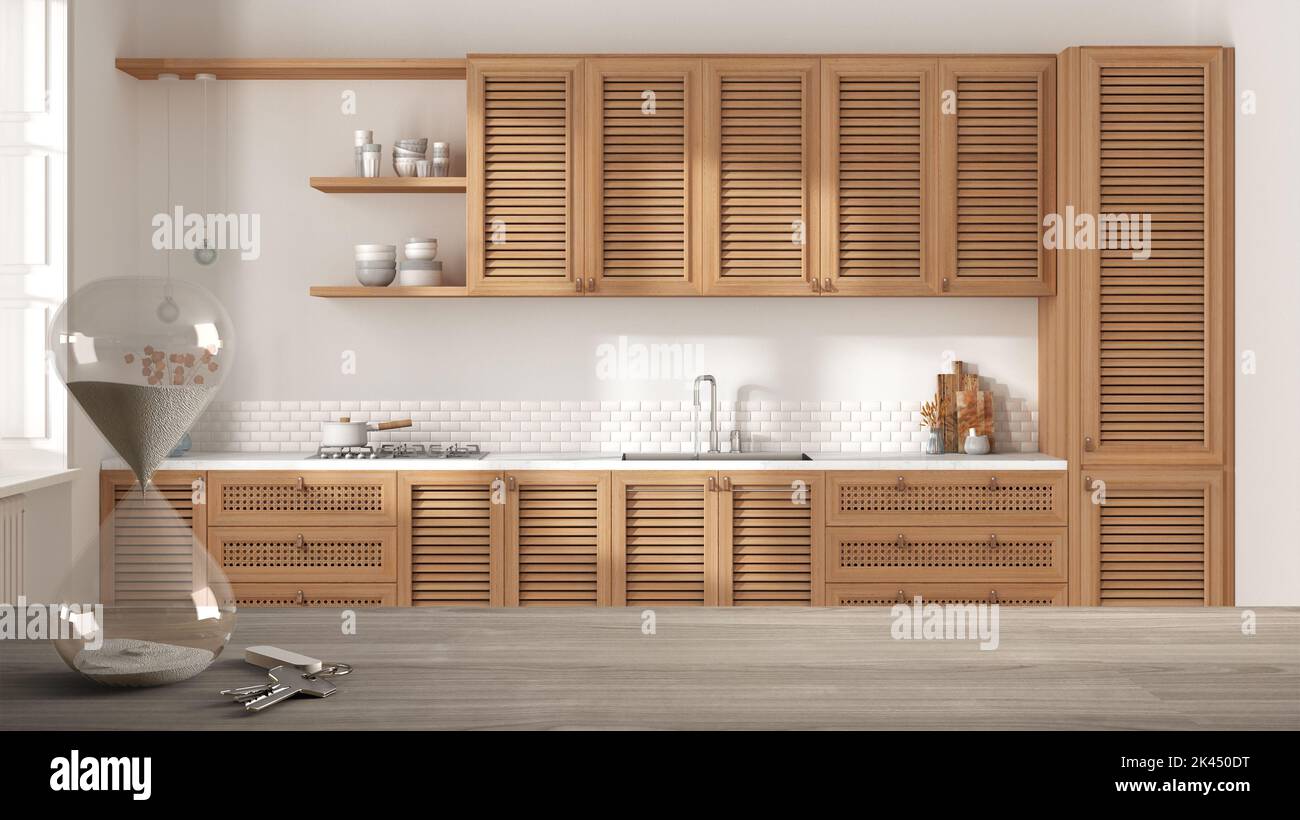 Wooden table, desk or shelf with crystal modern hourglass measuring ...