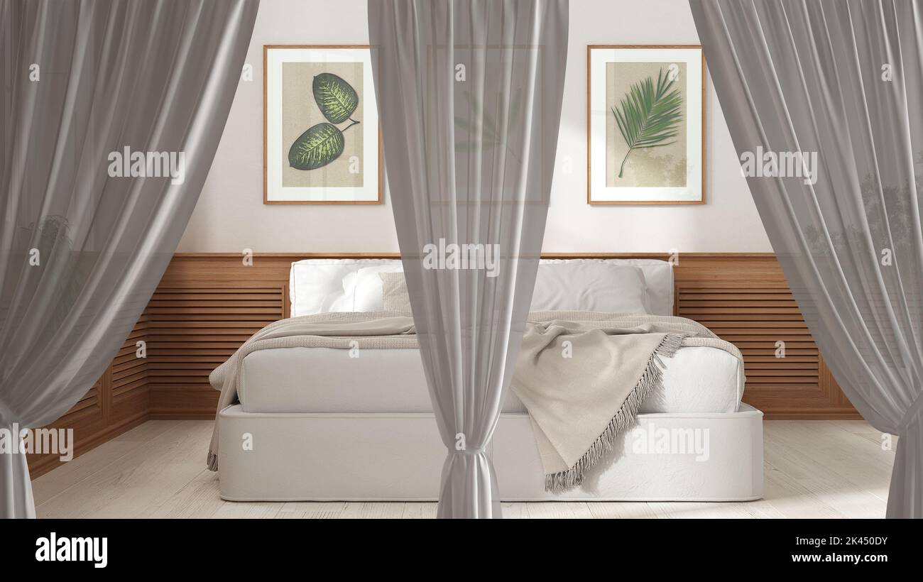 White openings curtains overlay modern cozy bedroom, interior design ...