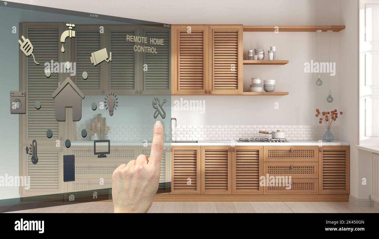 Smart home control concept, hand controlling digital interface from ...