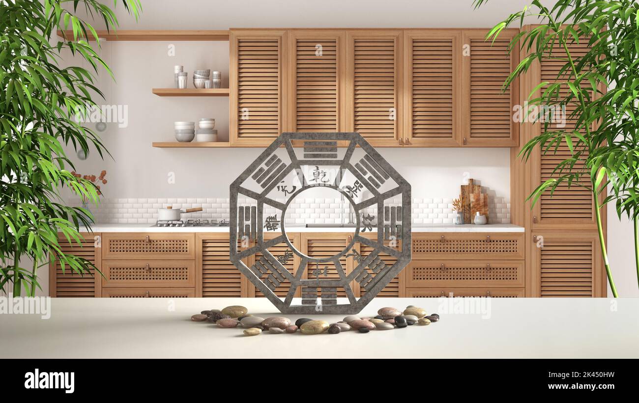 White table shelf with ba gua, pebble stone and bamboo plants, country ...