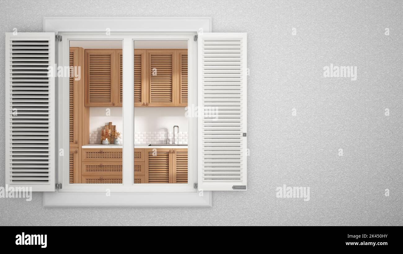 Exterior plaster wall with white window with shutters, showing wooden ...