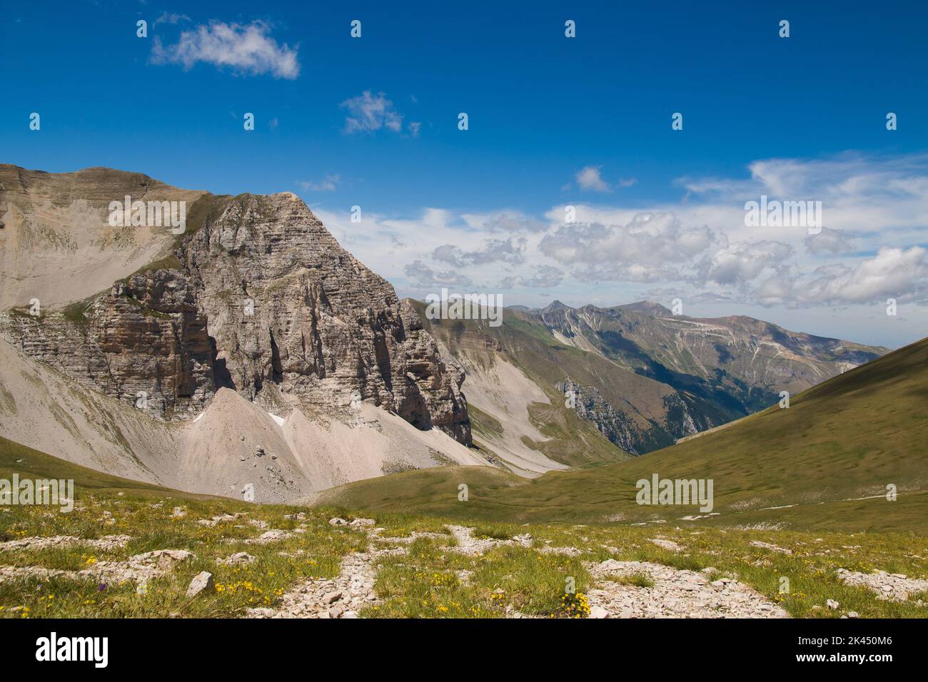 The landscape summit of Mount Redentore with blue sky, between the ...