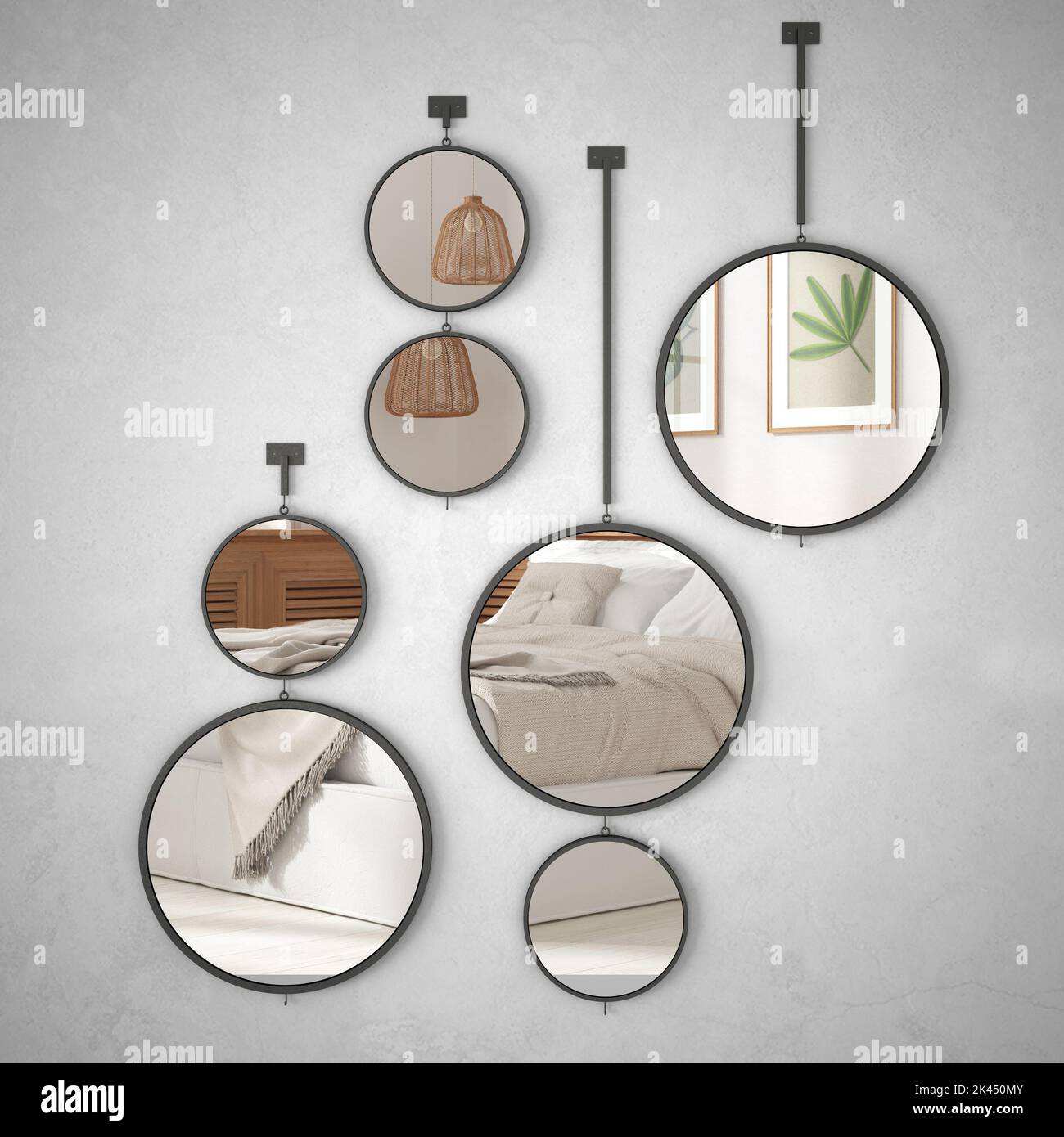 Round mirrors hanging on the wall reflecting interior design scene ...