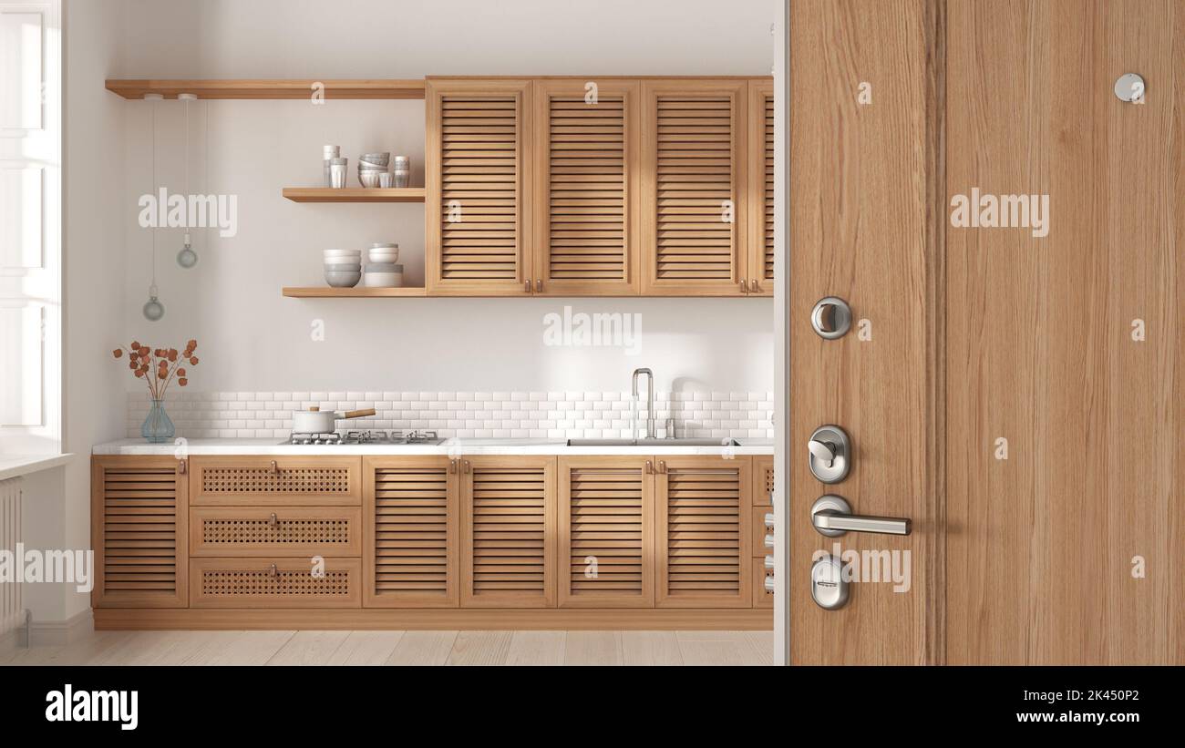 Wooden entrance door opening on country modern kitchen, cabinets with ...
