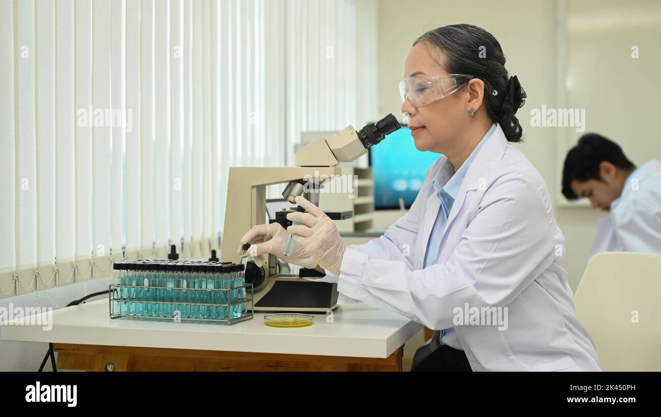 Professional specialist looking under microscope, conducting experiment ...