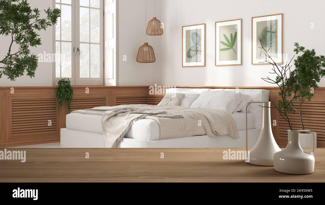 Wooden table top or shelf with minimalistic modern vases over modern ...