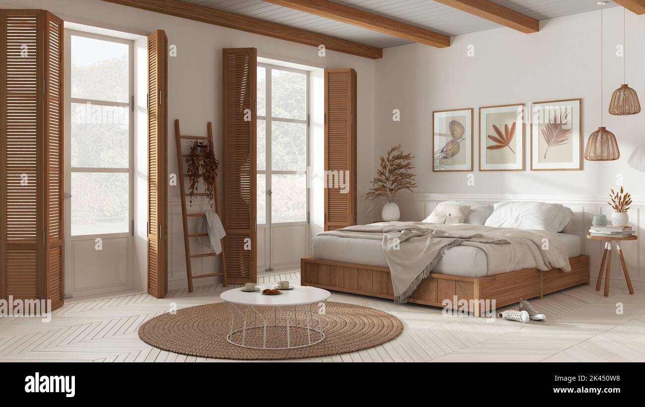 Wooden country bedroom in white tones. Mater bed with blanket. Windows ...