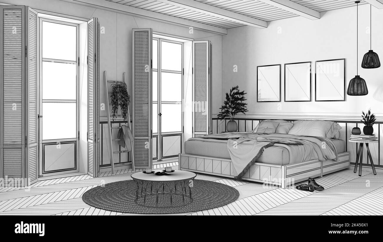 Blueprint unfinished project draft, country bedroom . Mater bed with ...