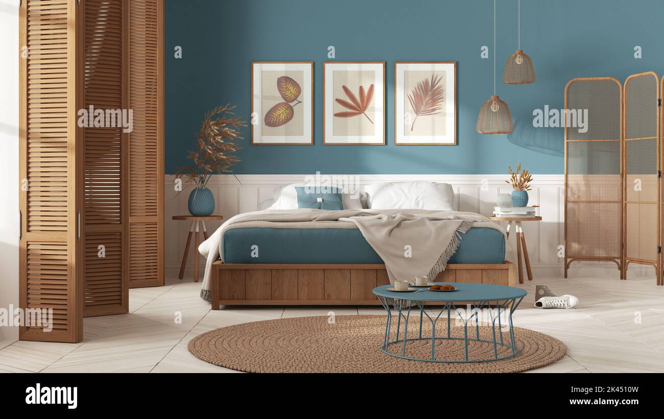 Wooden country bedroom in white and blue tones. Mater bed with blanket ...