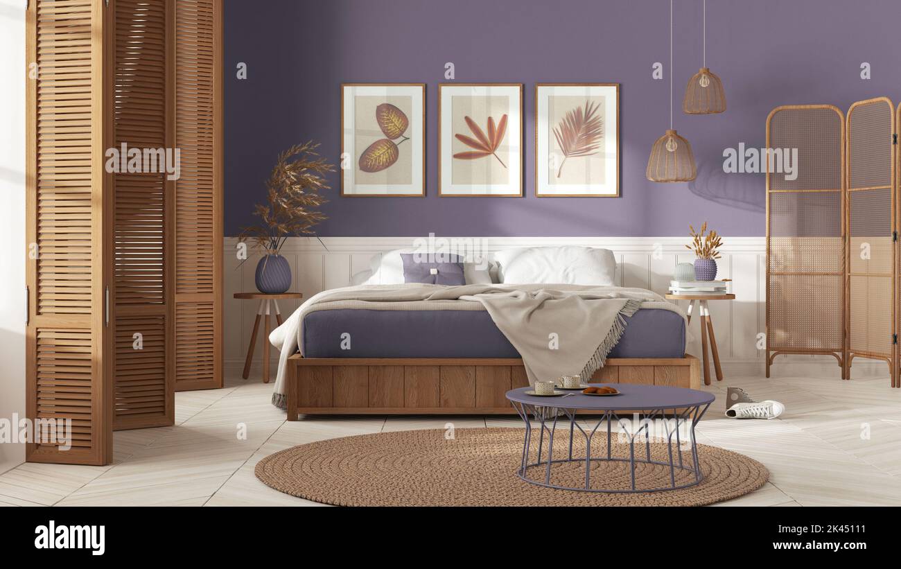 Wooden country bedroom in white and purple tones. Mater bed with ...