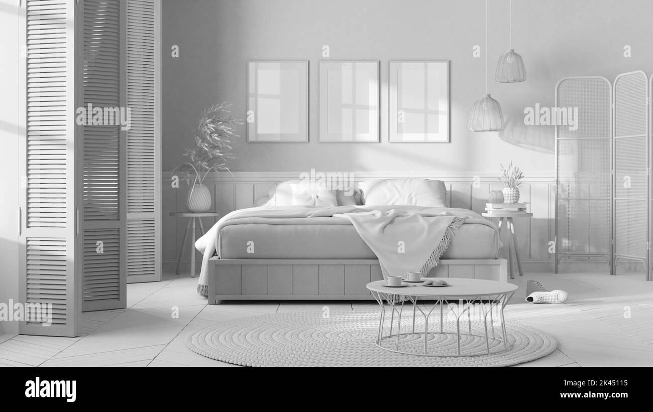 Total white project draft, country bedroom. Mater bed with blanket ...