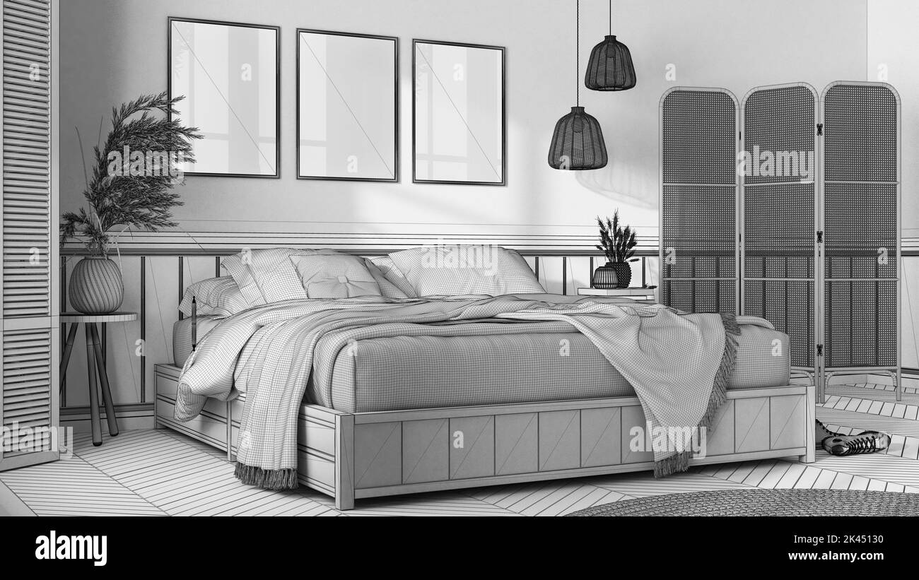 Blueprint unfinished project draft, wooden scandinavian bedroom. Double ...