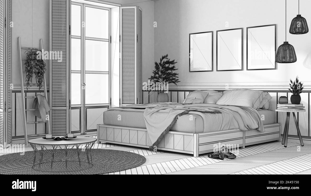 Blueprint unfinished project draft, farmhouse modern country bedroom ...