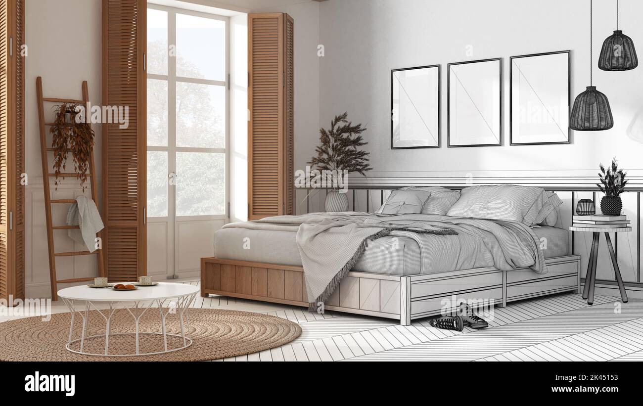 Architect interior designer concept: hand-drawn draft unfinished ...