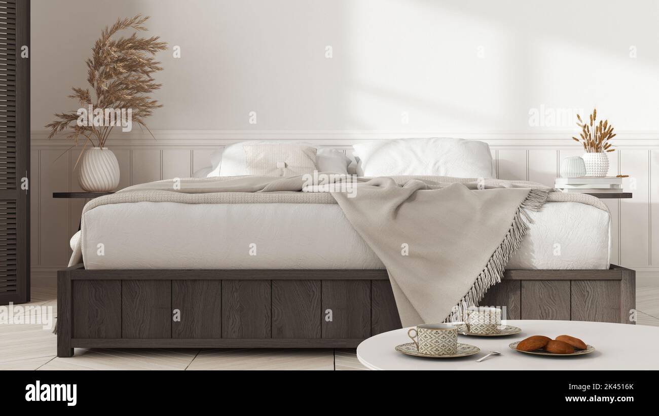 Wooden minimalist bedroom in white and dark tones. Mater bed with ...